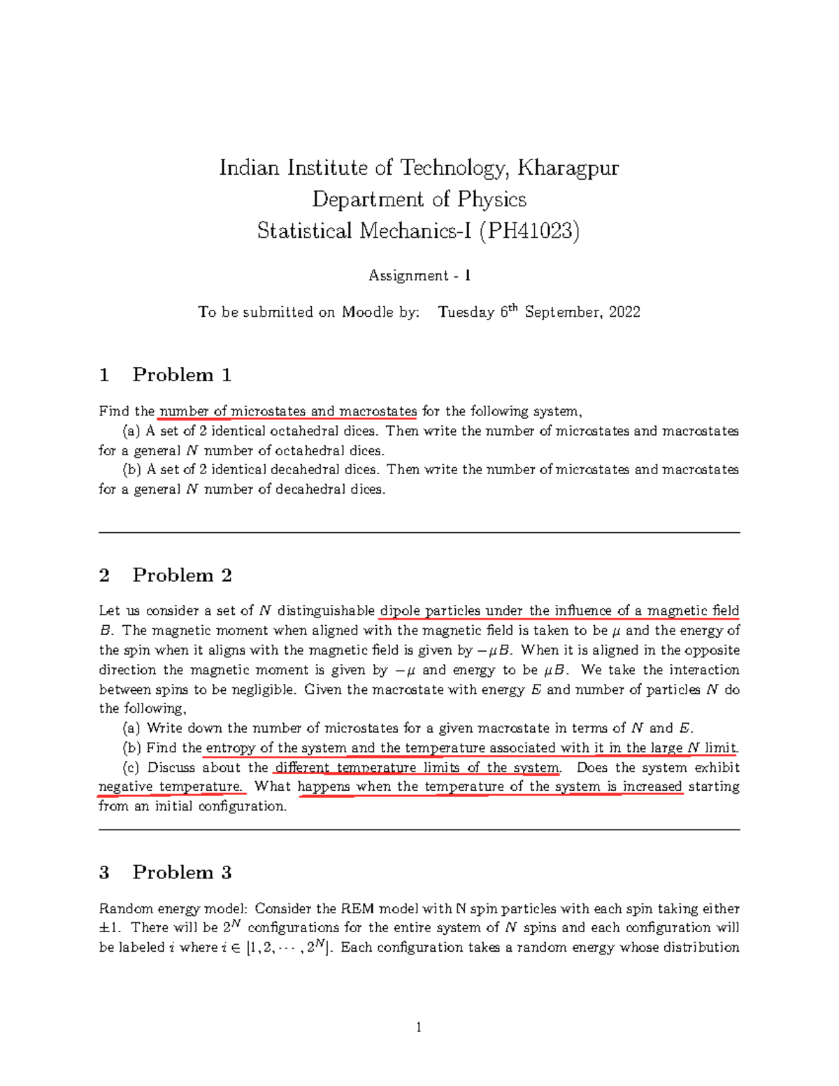 Assignment 1 - stat mech 1 - Indian Institute of Technology, Kharagpur ...