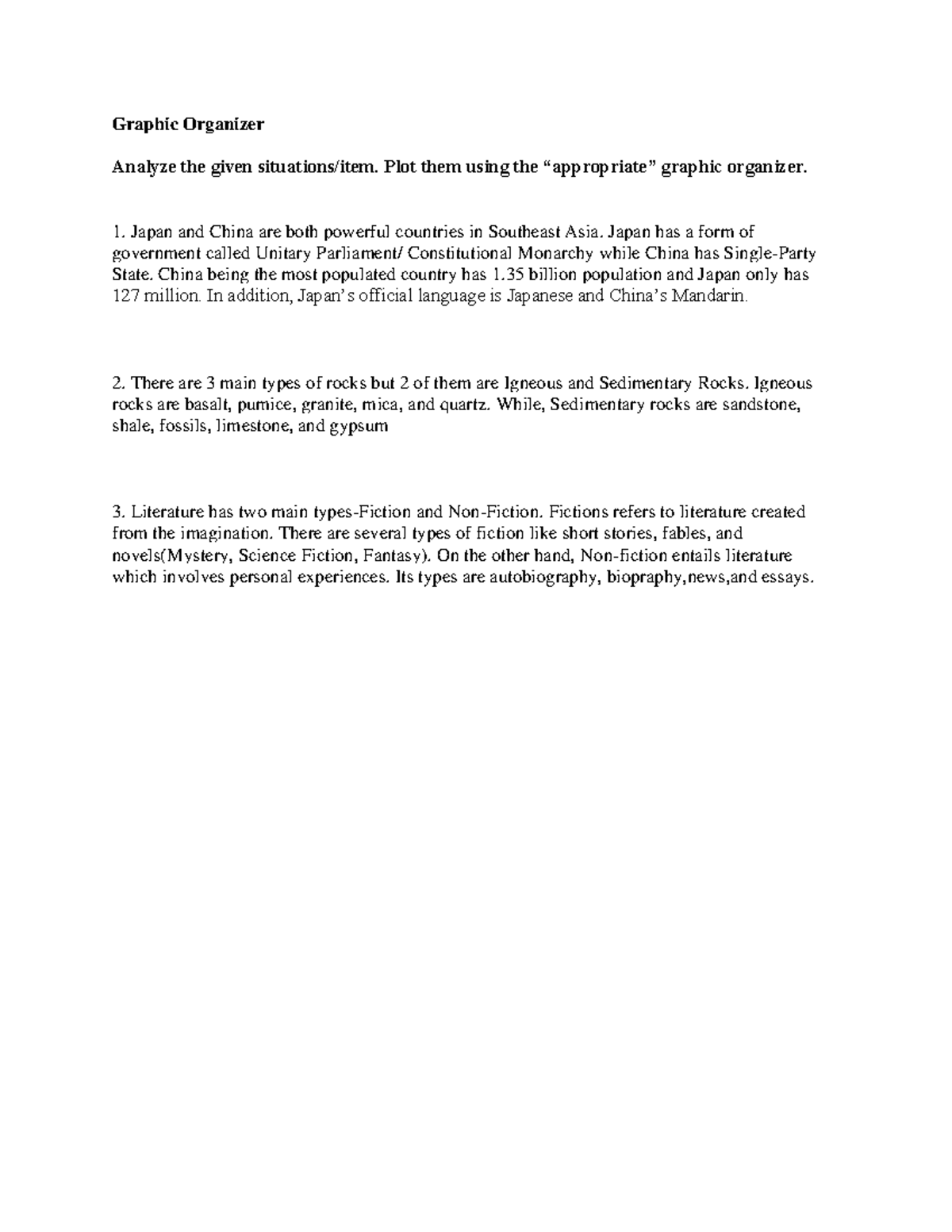 Graphic Organizer QUIZ - Graphic Organizer Analyze the given situations ...