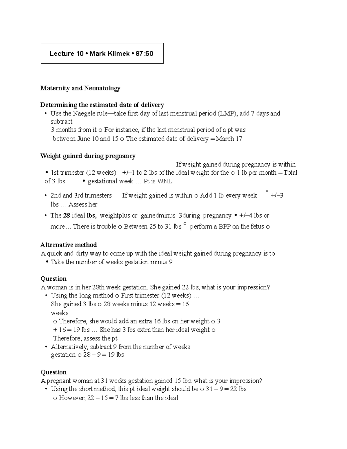 Mark K Lecture 10 - Lecture 10 • Mark Klimek • 87: Maternity and ...
