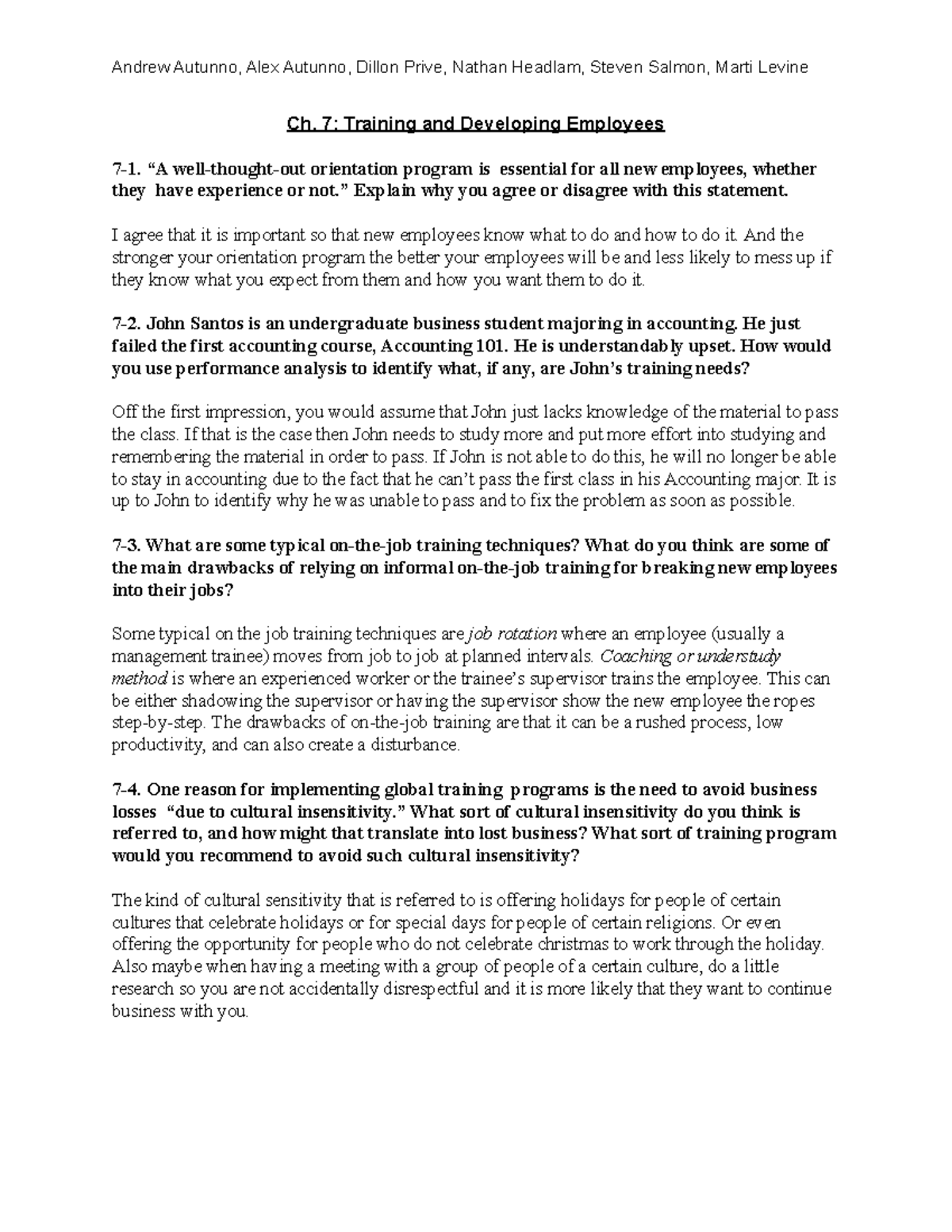 MGT 410 HW 7 - homework assignment 7 - Ch. 7: Training and Developing ...