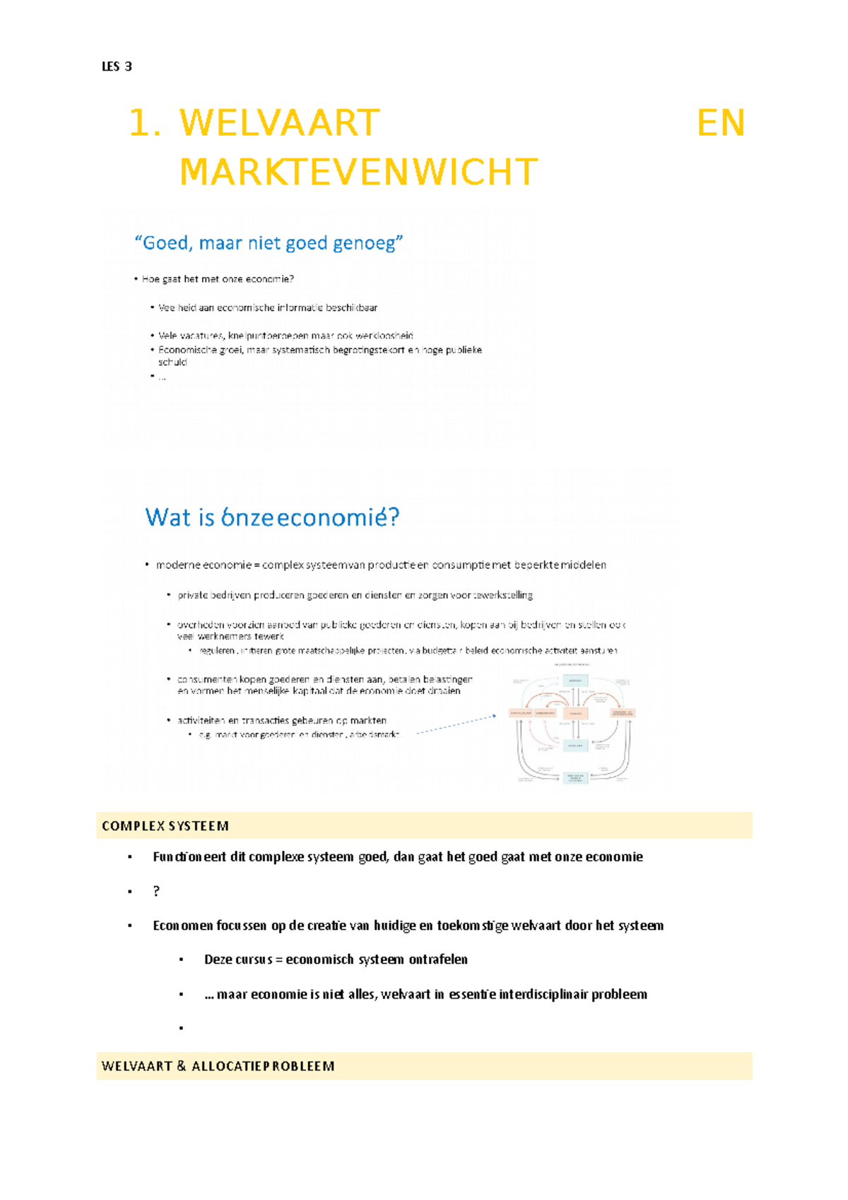 Les-3 - Les 3 Economie - 1. WELVAART EN MARKTEVENWICHT COMPLEX SYSTEEM ...