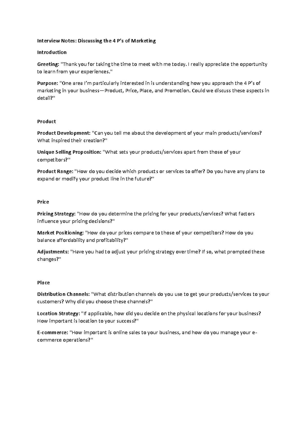 Interview notes to do an interview session with a business owner ...