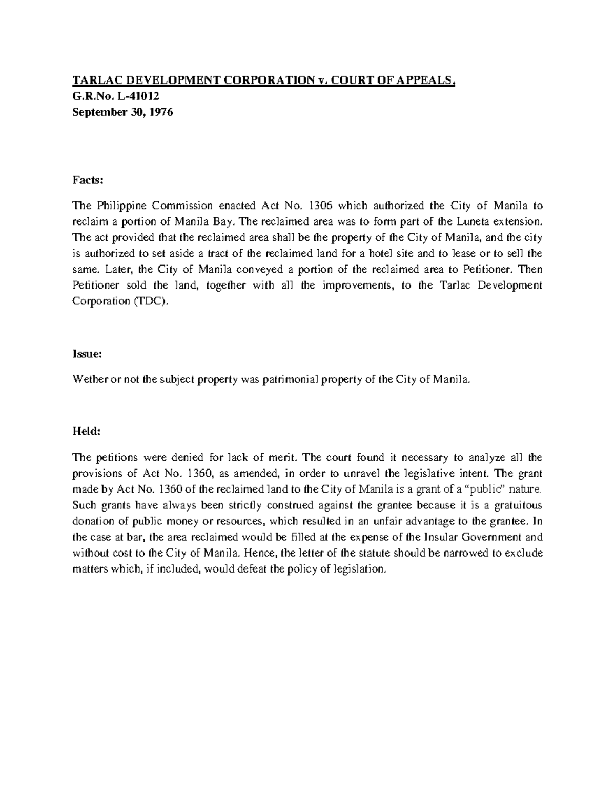 Stat Con Case Digests - TARLAC DEVELOPMENT CORPORATION v. COURT OF ...