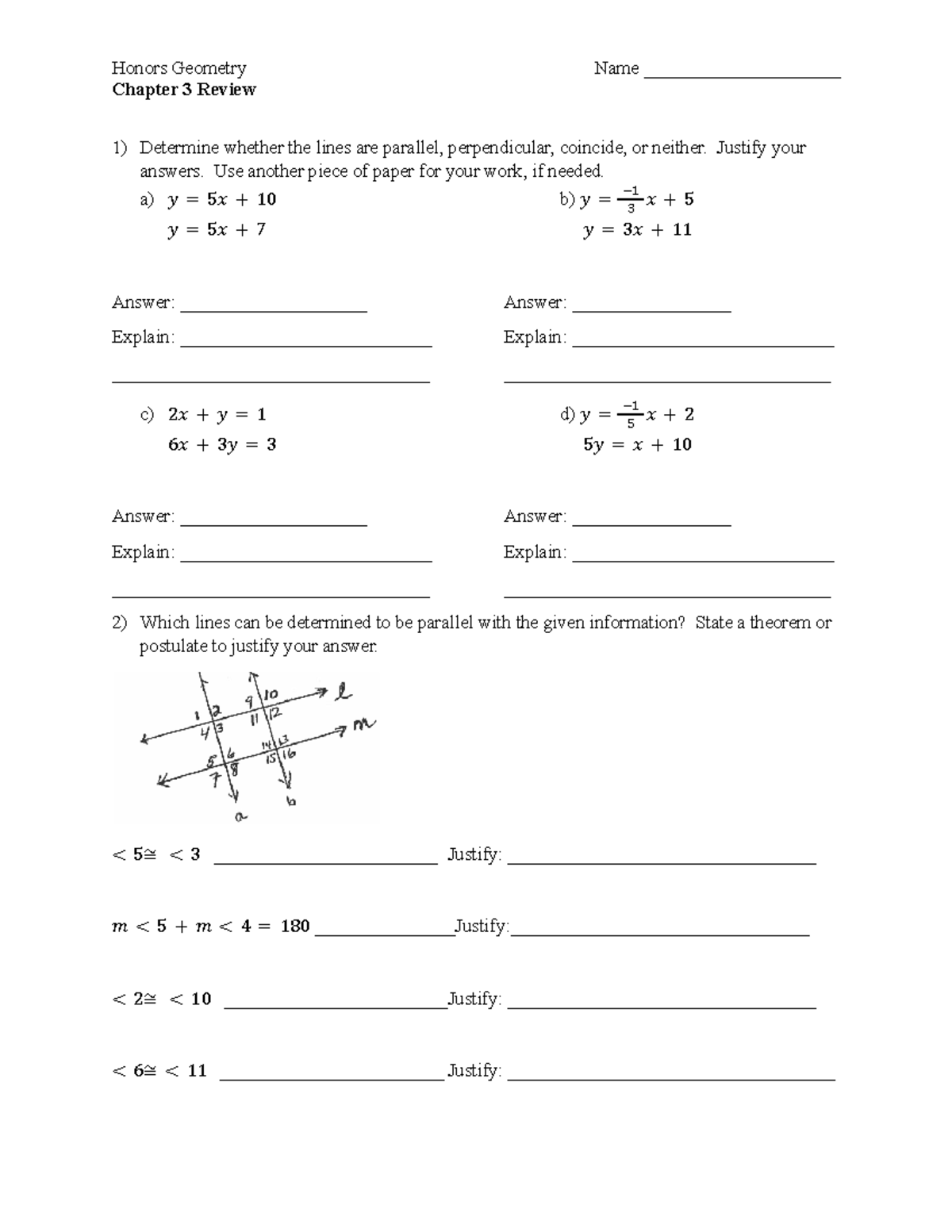 Ch. 3 Review for test - Honors Geometry Name ...