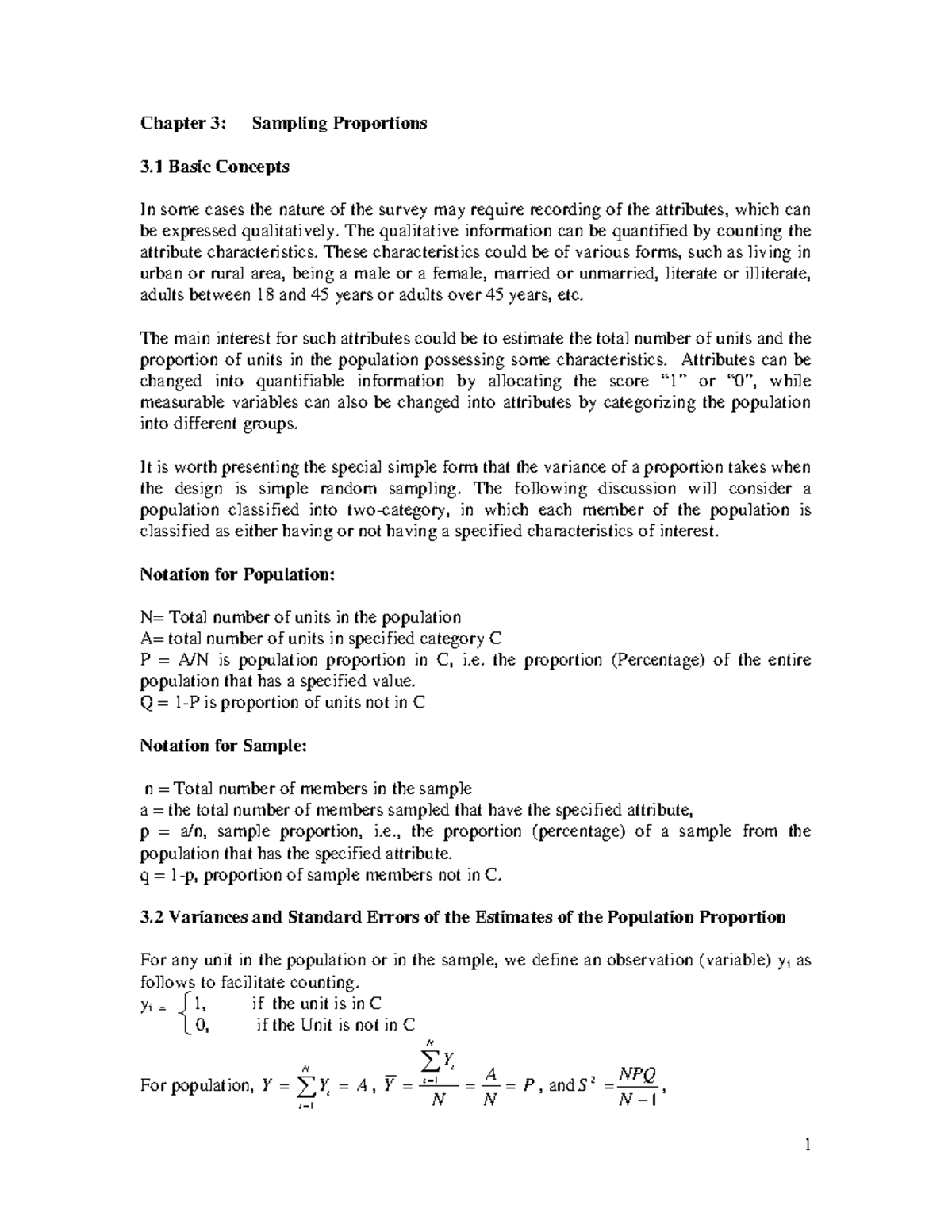 Chapter 3-1 - good - Chapter 3: Sampling Proportions 3 Basic Concepts ...
