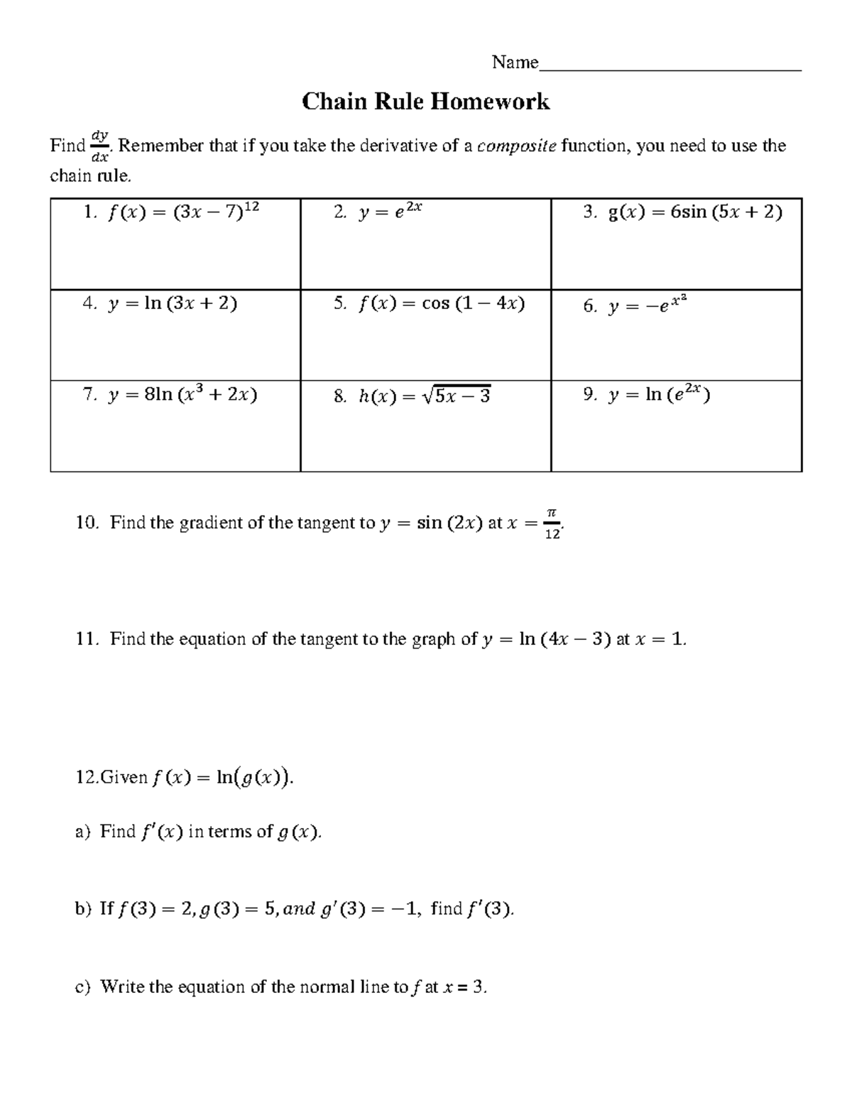 Chain Rule HW - ... - Name___________________________ Chain Rule ...