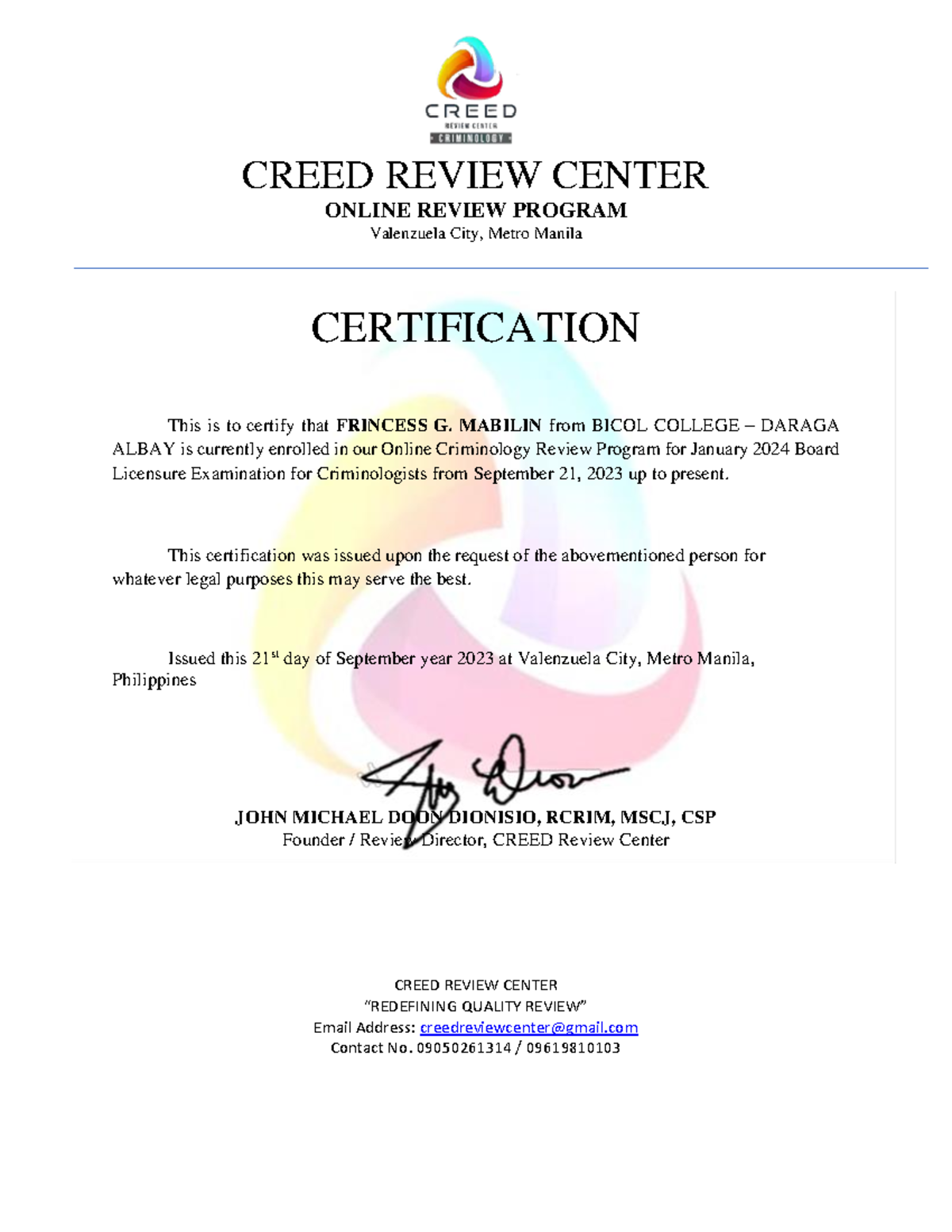 Mabilin - rtghikb - CREED REVIEW CENTER ONLINE REVIEW PROGRAM ...