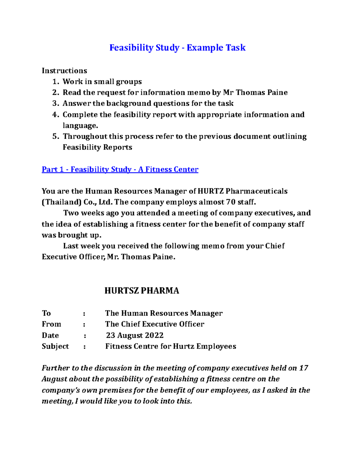 Feasibility Study - Example Task - Feasibility Study - Example Task ...