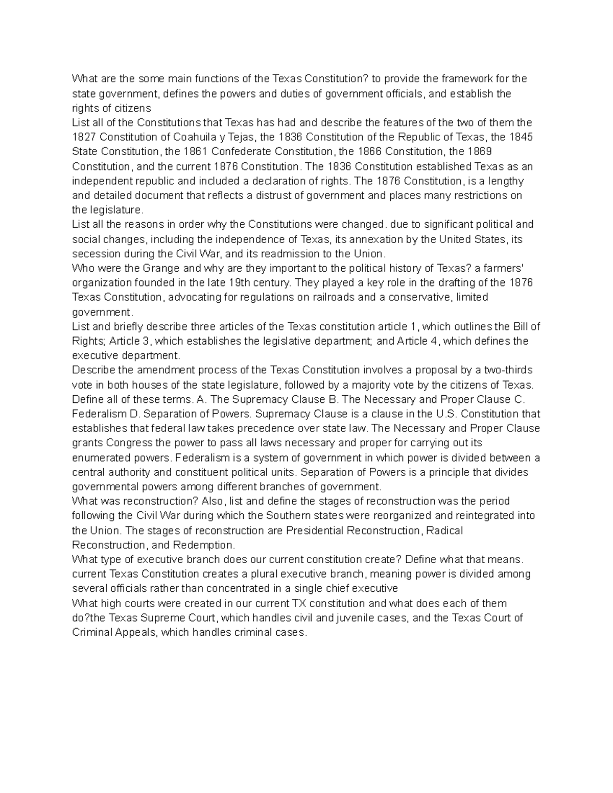 Reading Assignment Ch 2 - What are the some main functions of the Texas ...