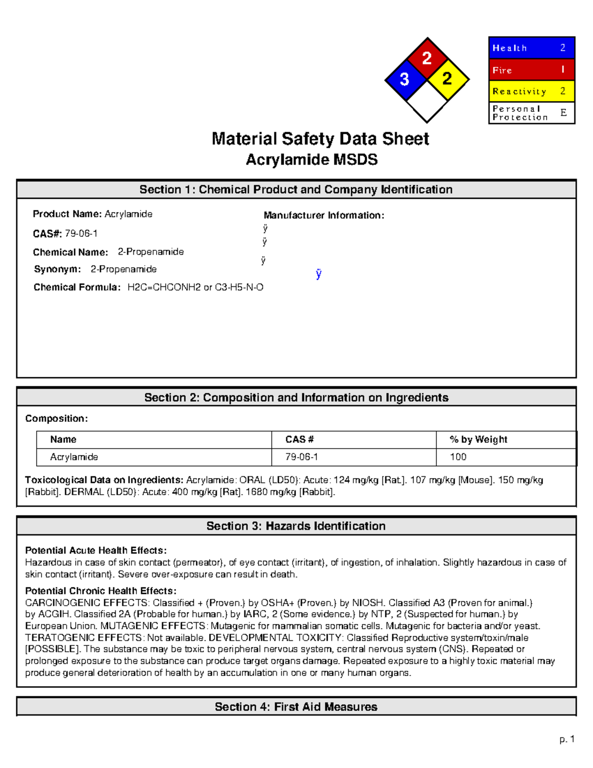 (MSDS) Ficha DE Seguridad - Acrylamide - 2 3 2 He a lt h F ir e Re a c t iv it y P e r s o n a l ...