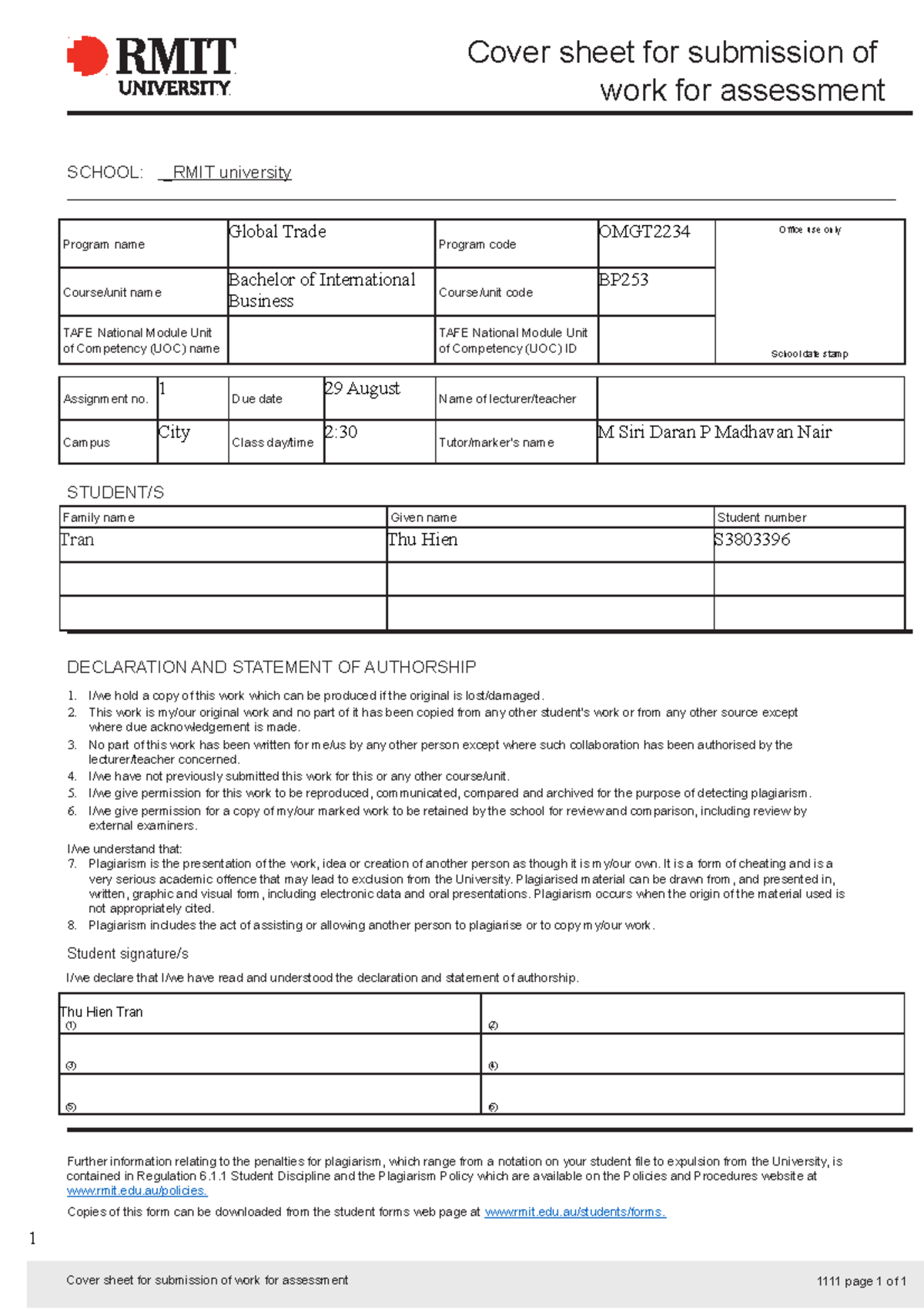Assignment 1 global trade - Cover sheet for submission of work for ...