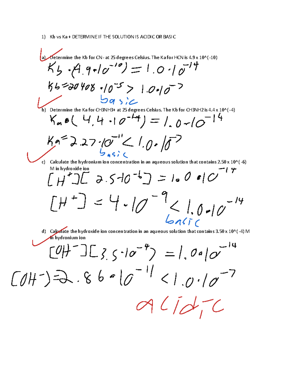Acid Base Practice - Kb vs Ka + DETERMINE IF THE SOLUTION IS ACIDIC OR ...