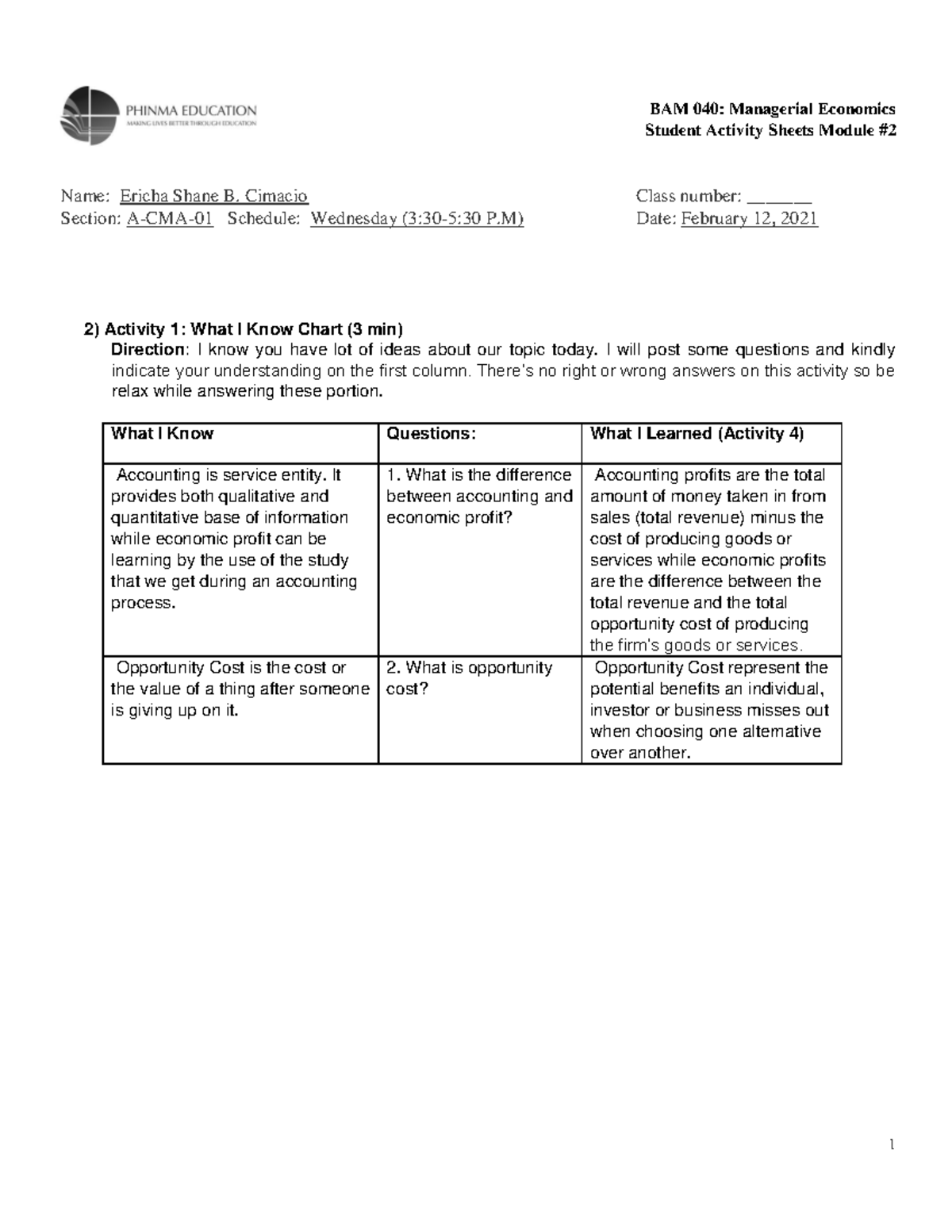 BAM 040 SAS 2 - notes - Student Activity Sheets Module # Name: Ericha ...