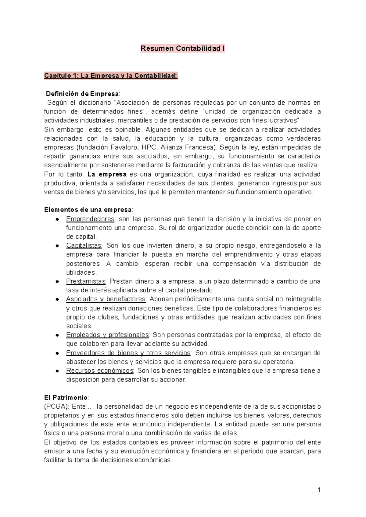Resumen Conta I - Resumen Contabilidad I Capítulo 1: La Empresa y la Contabilidad: Definición de ...