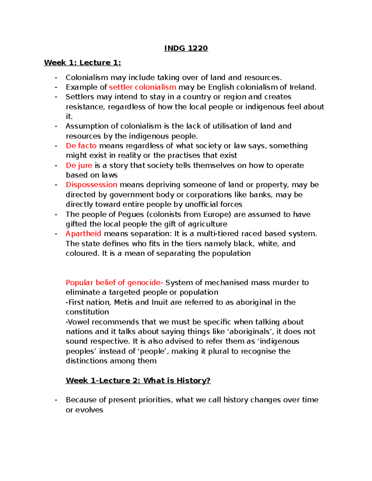 INDG 1220 - Week 1 and 2 Lecture Notes on Indigenous Studies - INDG ...