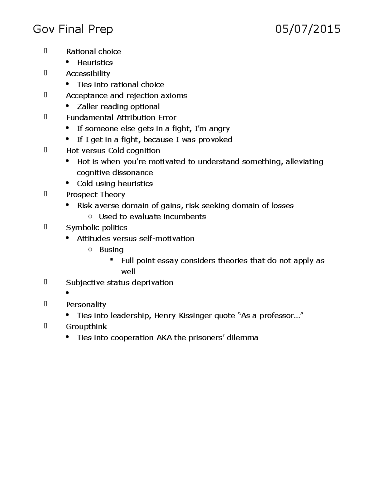 Final Exam Preparation - Gov Final Prep Rational choice Heuristics ...