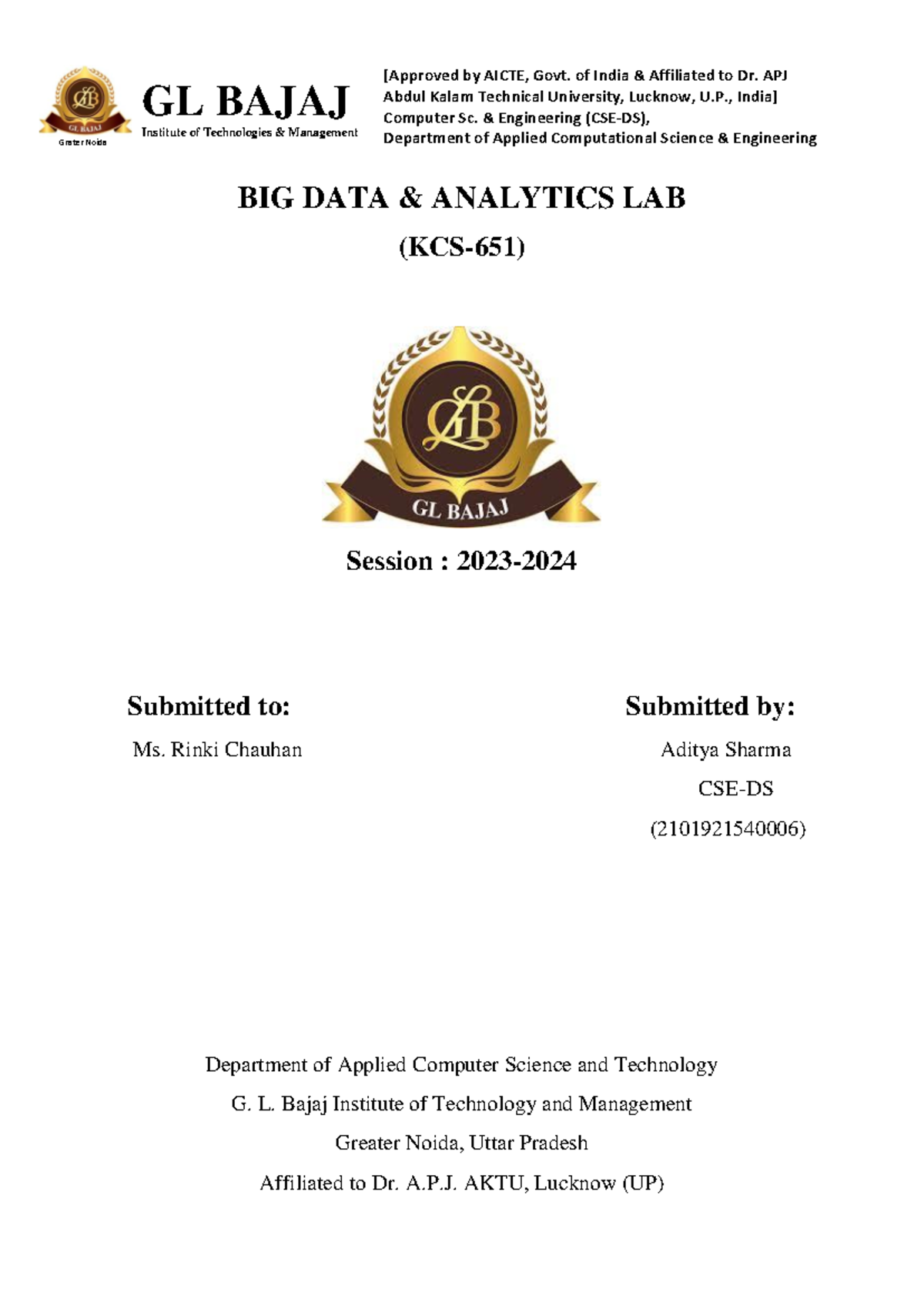 BDA lab till5 - Dhhxufd dhdhd - Grater Noida GL BAJAJ Institute of Technologies & Management ...