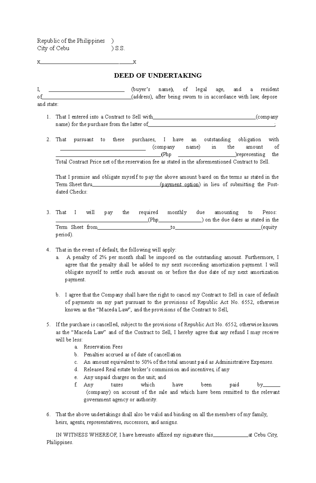 DOU FOR Payments - Republic of the Philippines ) City of Cebu ) S. x x DEED OF UNDERTAKING I ...