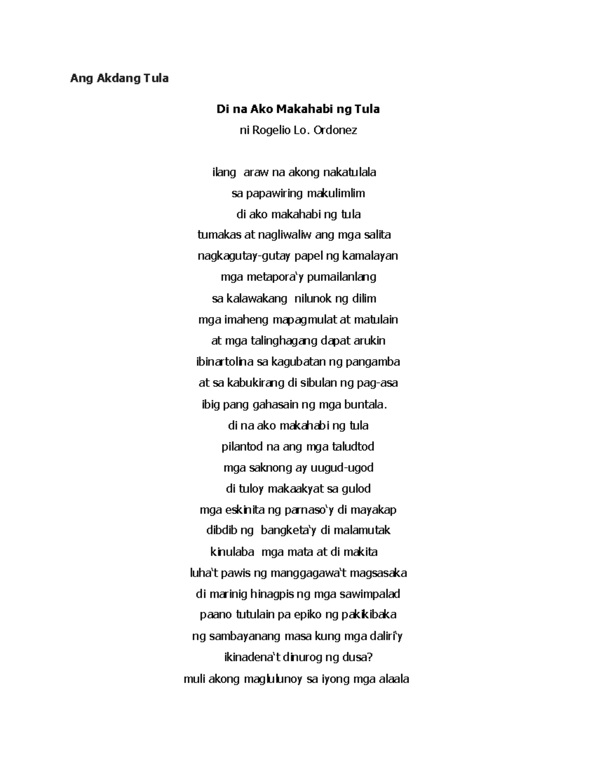 Ang Akdang Tula - Okay - Ang Akdang Tula Di na Ako Makahabi ng Tula ni ...