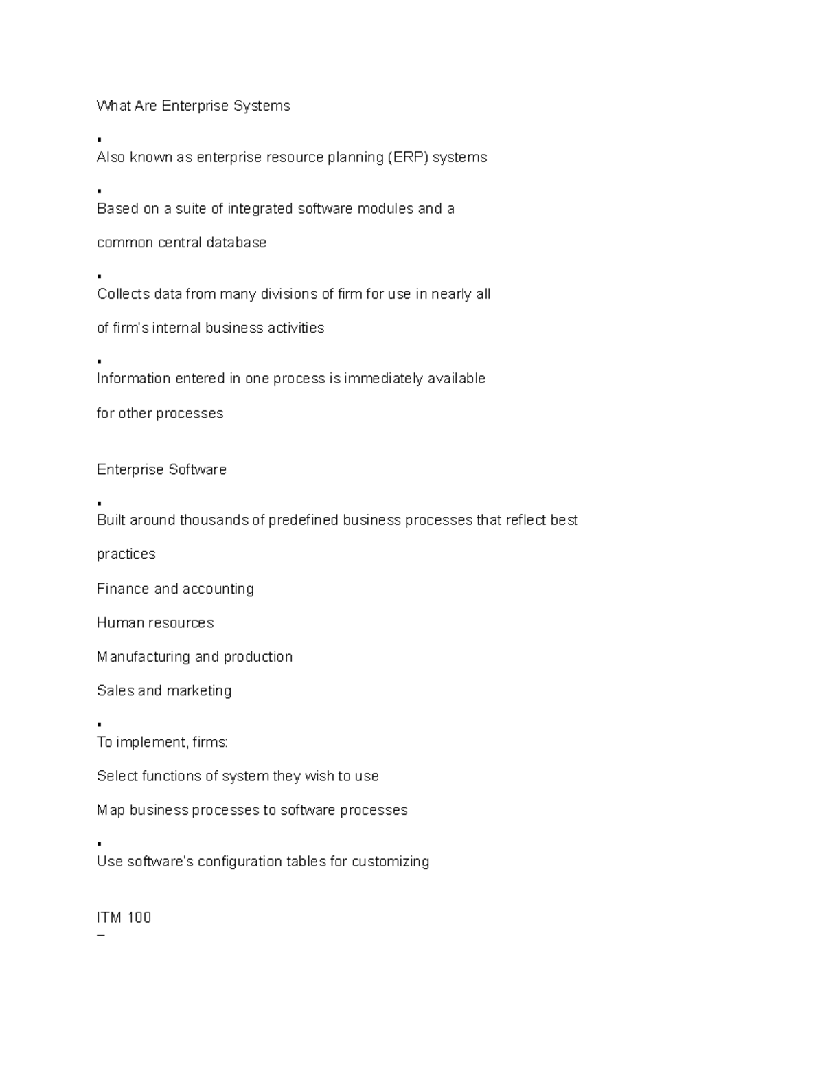 Lecture 4 itm 100 - What Are Enterprise Systems Also known as enterprise resource planning (ERP ...