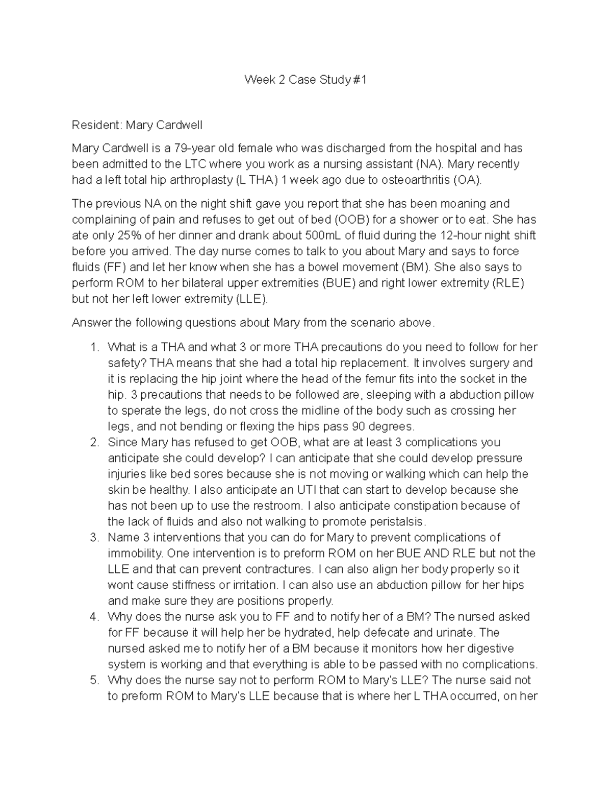 Case Study: Mary Cardwell's Total Hip Arthroplasty Precautions and Complications - Studocu