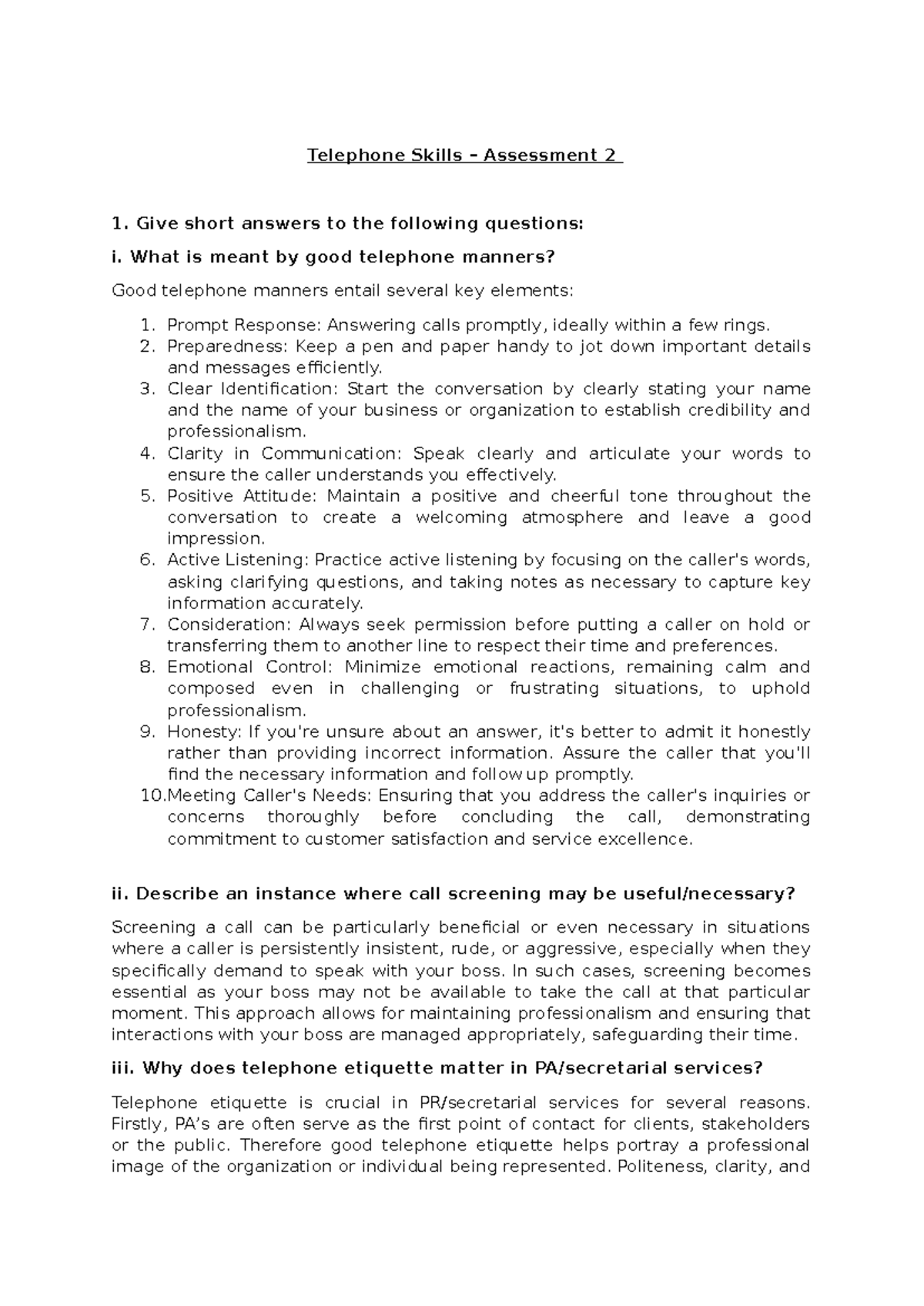 Assessment 2 - Telephone Skills - Telephone Skills – Assessment 2 Give ...