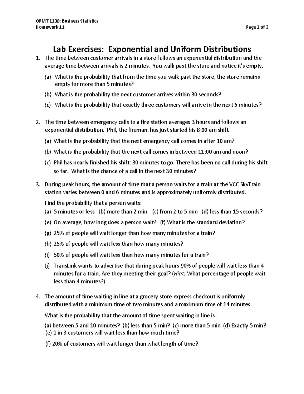 Homework 11 Solutions OPMT 1130 Business Statistics - OPMT 1130 ...