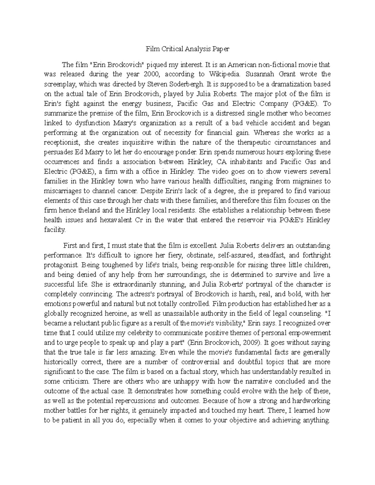 Criticalanalysispaper - Film Critical Analysis Paper The film "Erin ...