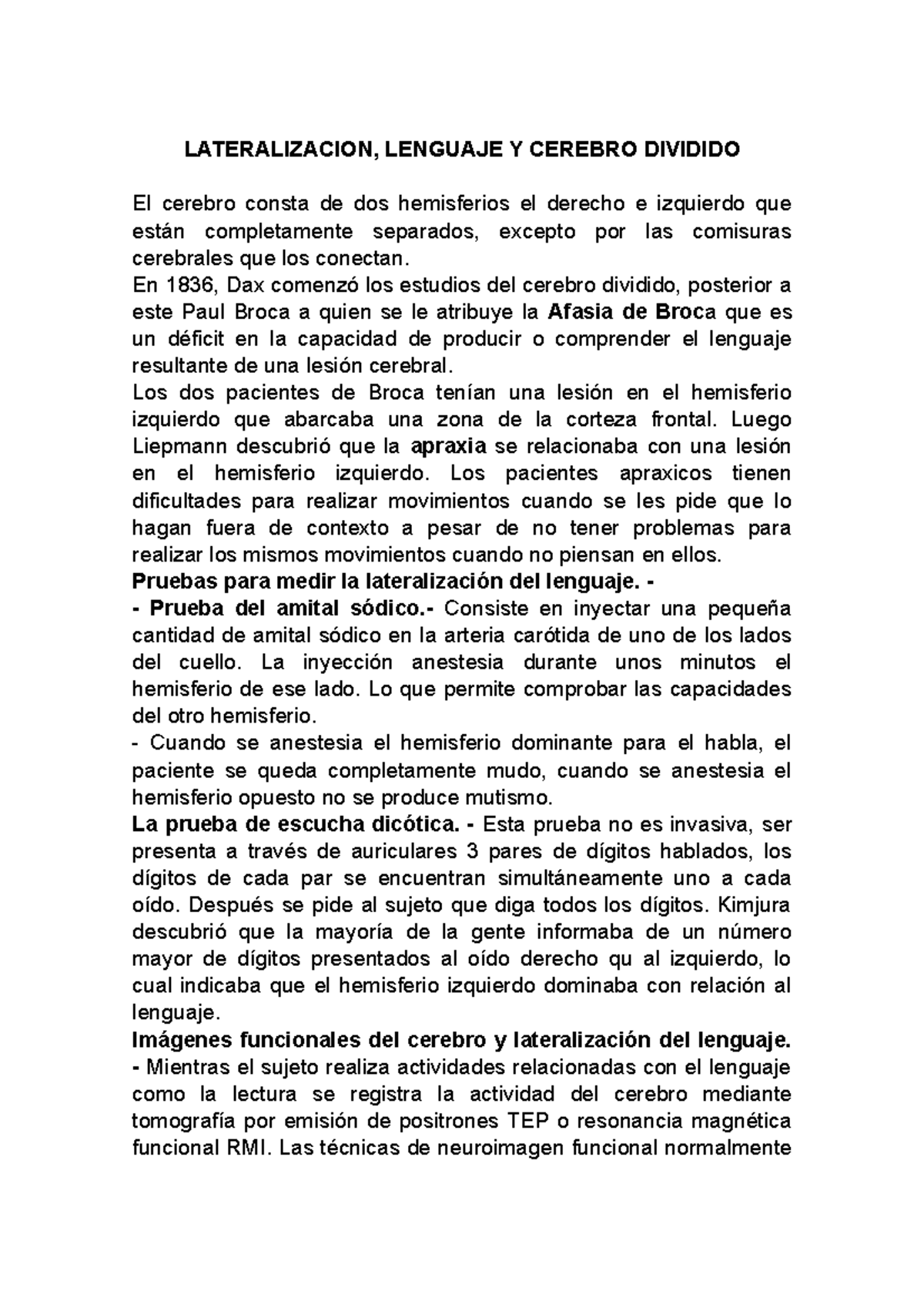 Lateralización - LATERALIZACION, LENGUAJE Y CEREBRO DIVIDIDO El cerebro ...