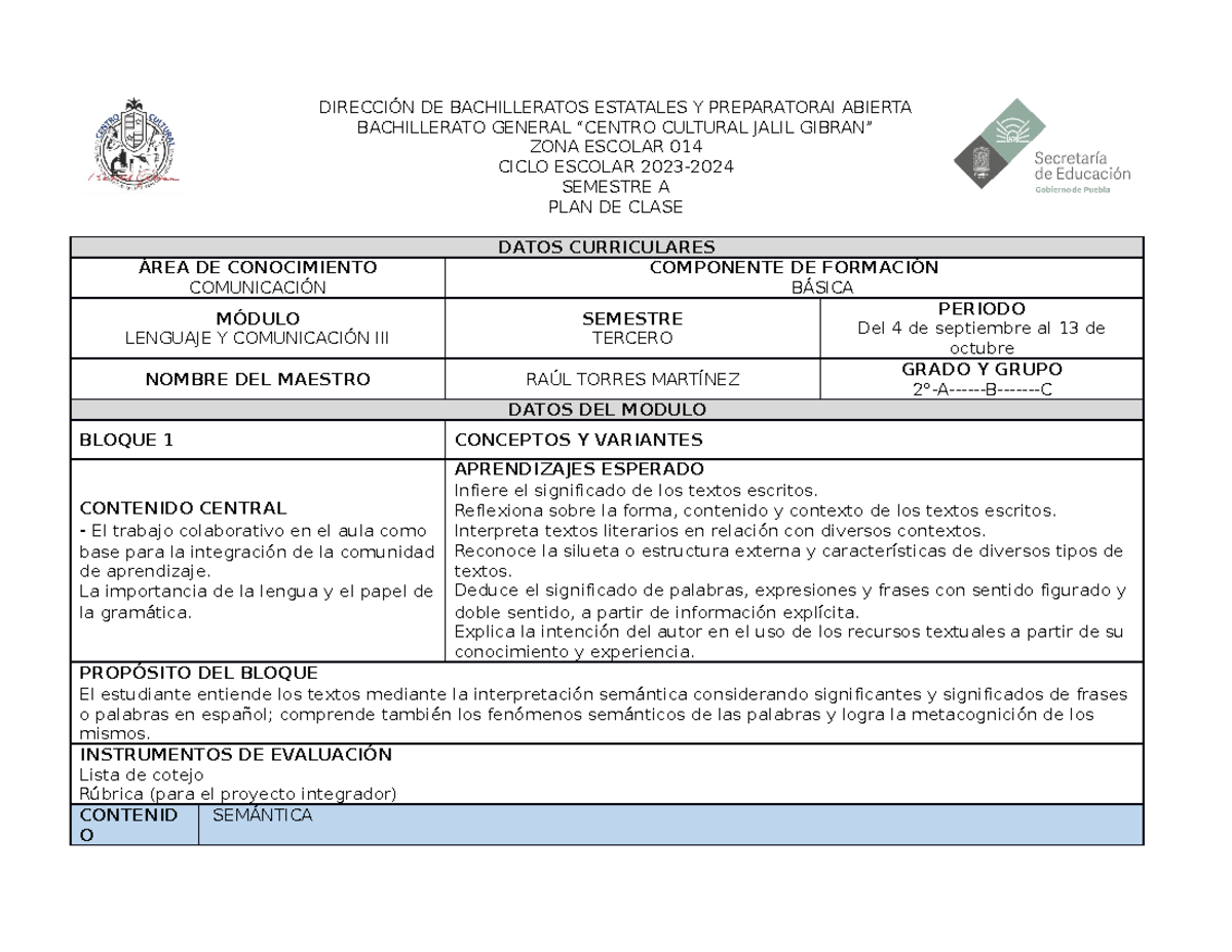 Planeación-Lenguaje y comunicación III - DIRECCIÓN DE BACHILLERATOS ESTATALES Y PREPARATORAI ...