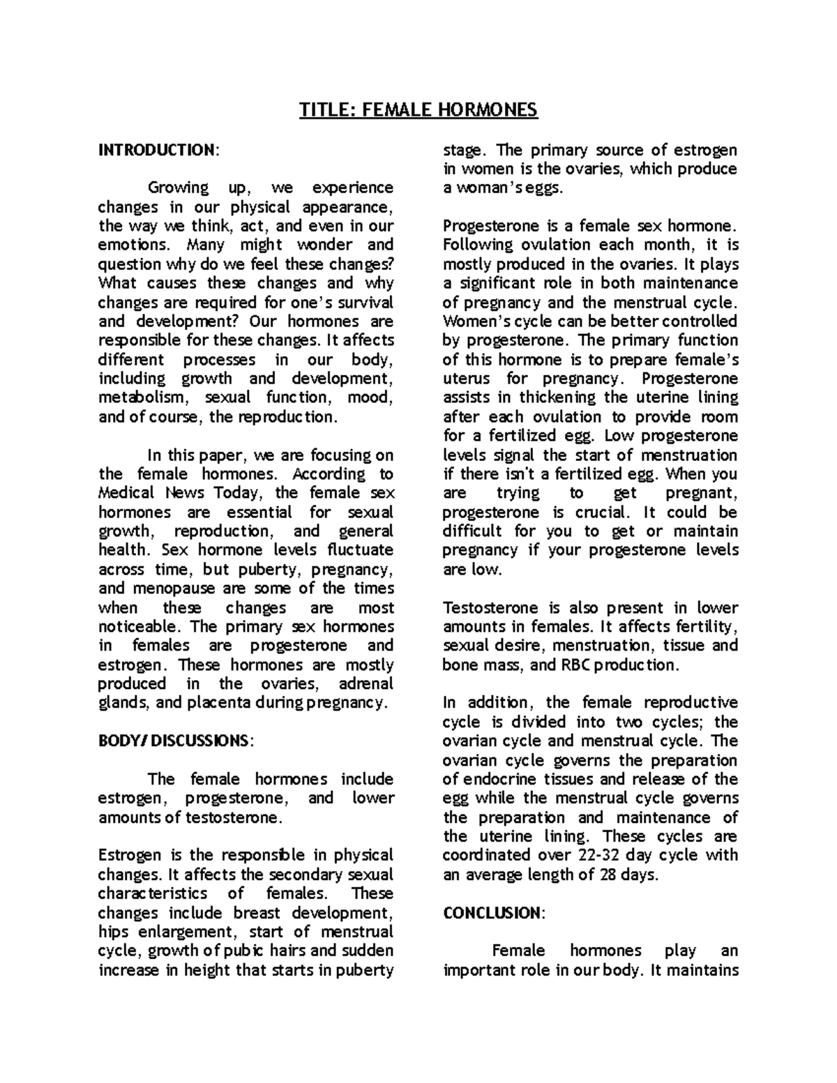 Human Reproduction Femal Hormones - TITLE: FEMALE HORMONES INTRODUCTION ...