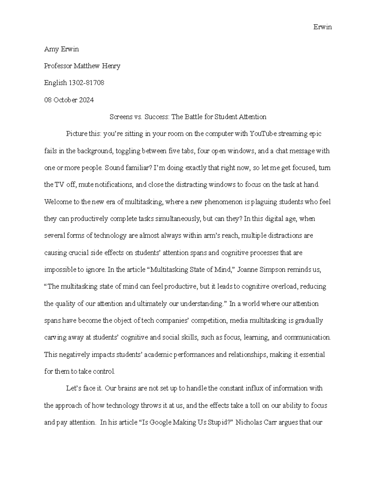 Erwin, Essay Final - Erwin Amy Erwin Professor Matthew Henry English ...