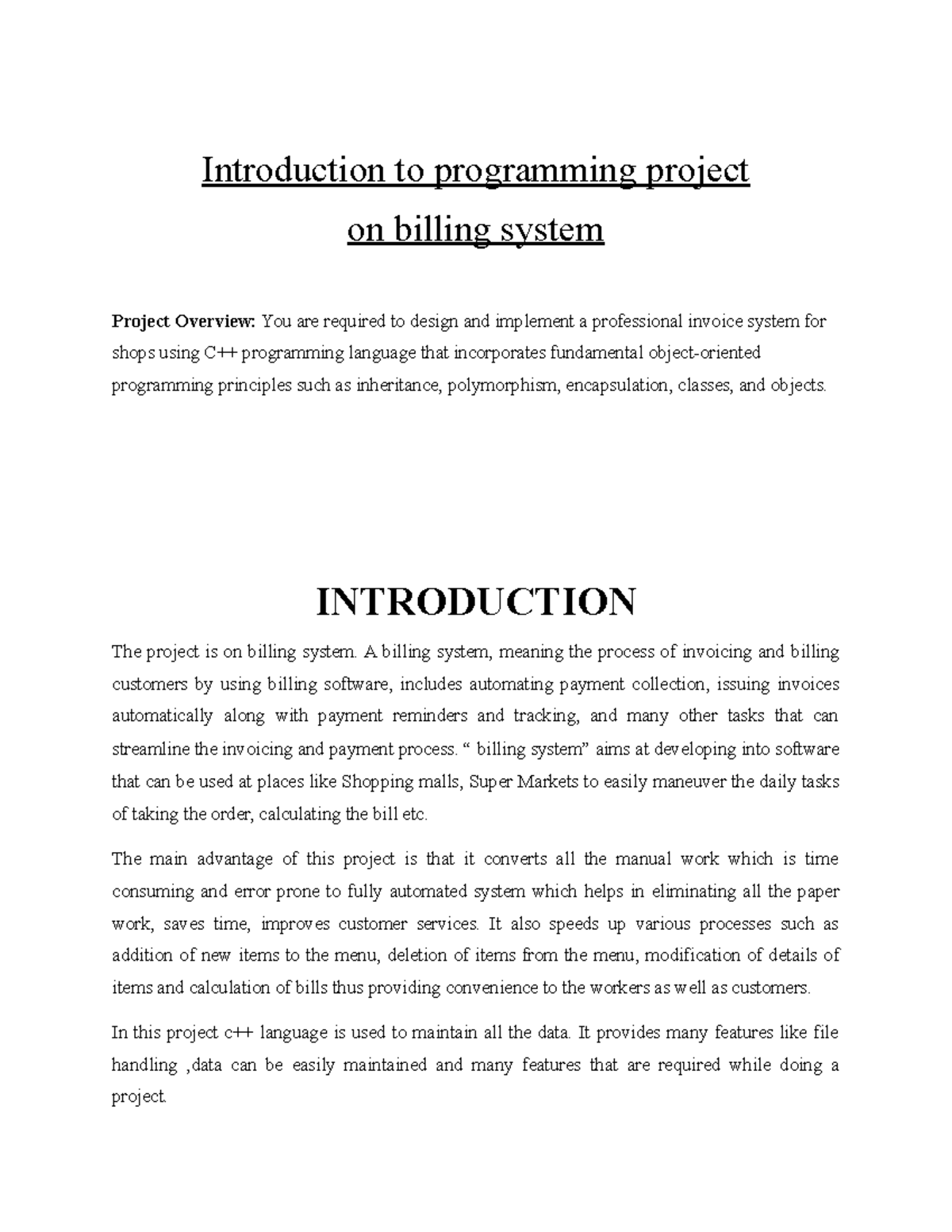 Introduction to programming project - INTRODUCTION The project is on ...