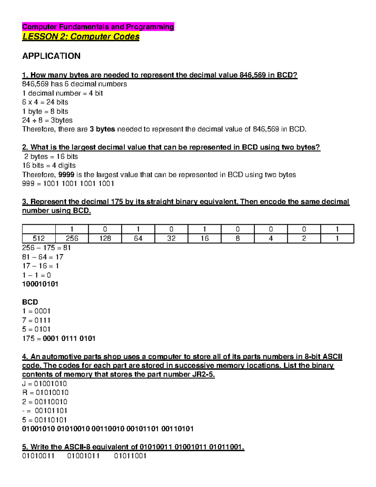 Computer Fundamentals And Programming How Many Bytes Are Needed To Represent The Decimal Value 2778