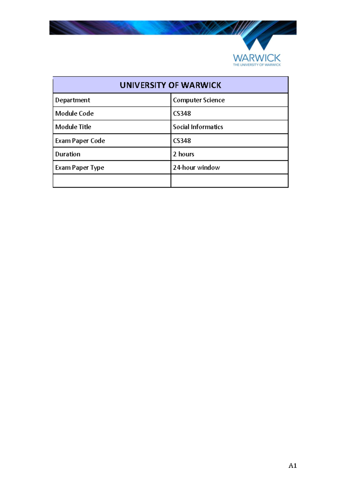 Cs348 26 may 2021 aep - A 1 UNIVERSITY OF WARWICK Department Computer Science Module Code CS 348 ...
