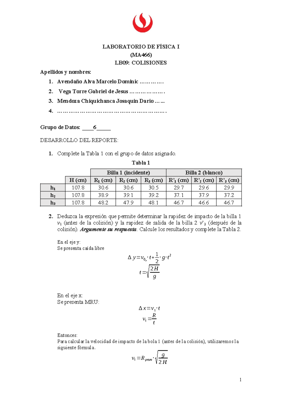 LAB 9 Asincronico - lab09 - LABORATORIO DE FÍSICA I (MA466) LB09: COLISIONES Apellidos y nombres ...
