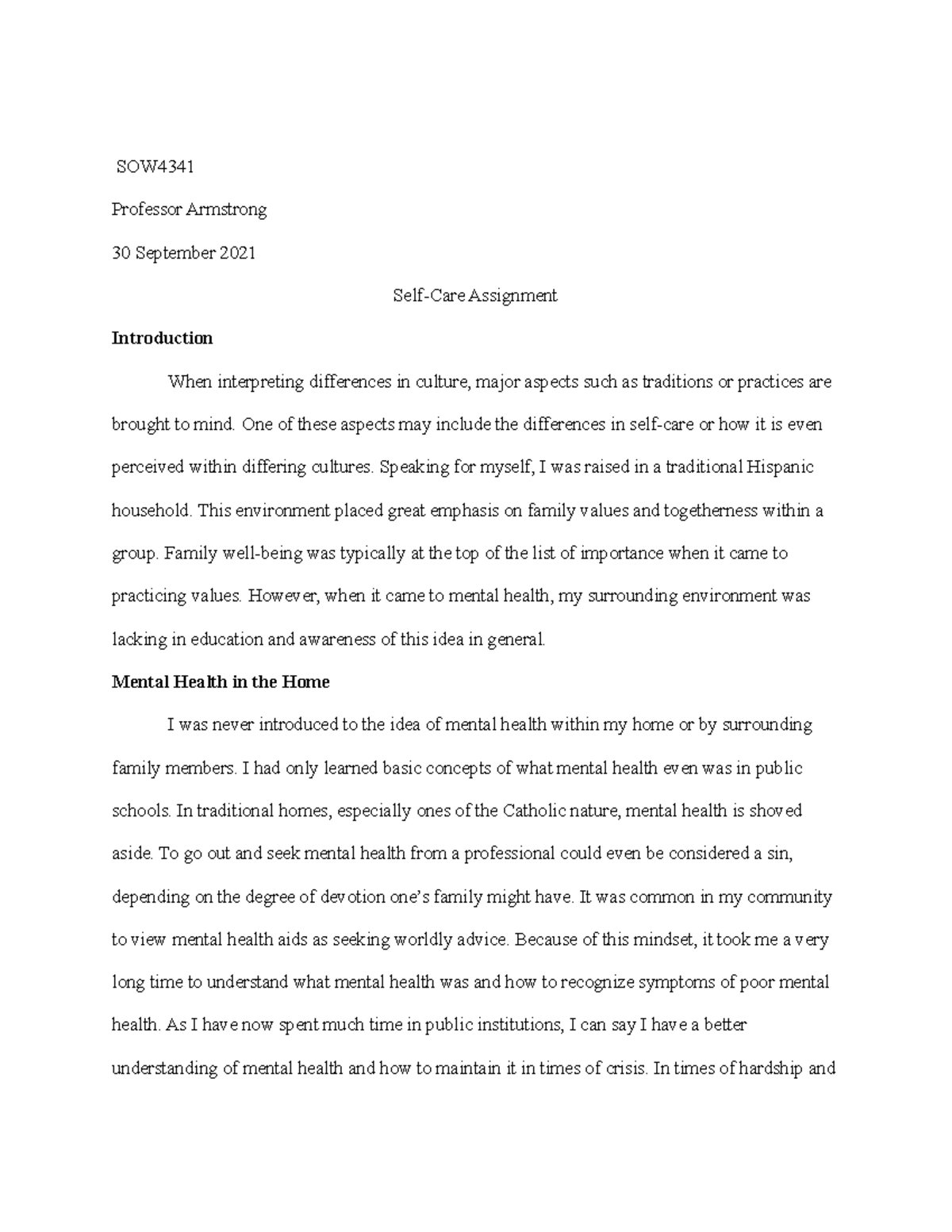 Self-Care Assignment - Grade: A - SOW 4341 - FSU - Studocu