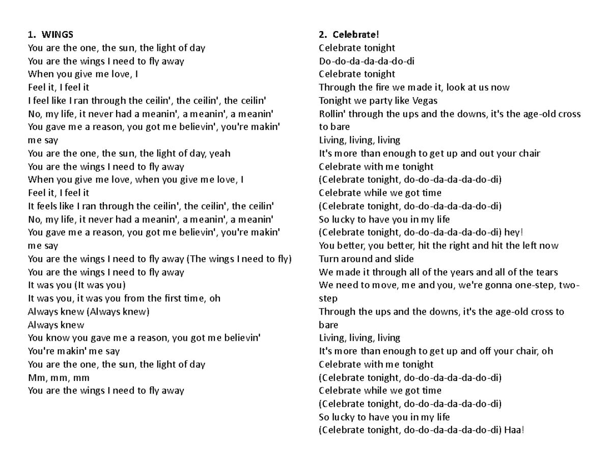 Lyric - canciones jonas brothers - 1. WINGS You are the one, the sun ...