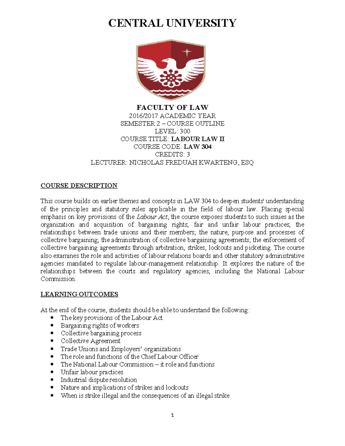 LAW 304 Course Outline -2020 copy - CENTRAL UNIVERSITY FACULTY OF LAW ...