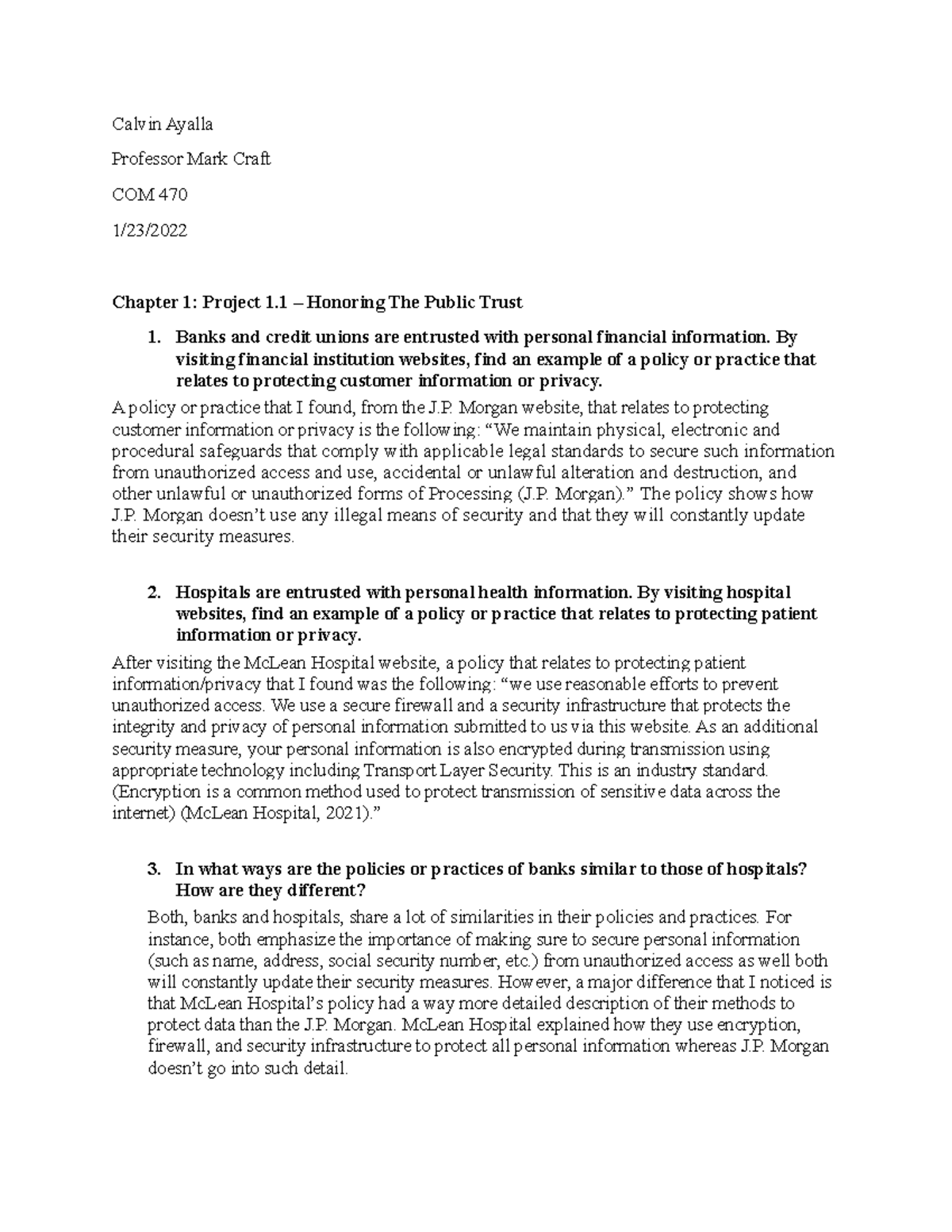 COM 470 Assignment 1 - Chapter 1: Project 1.1 – Honoring The Public ...