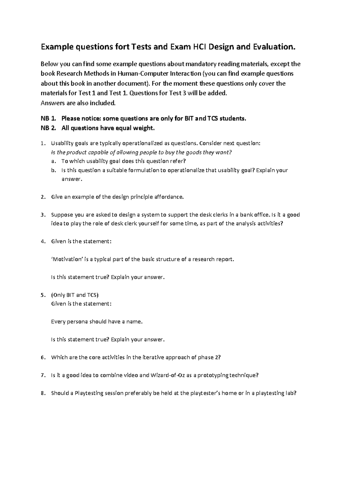 Example questions other materials+answers - Example questions fort ...