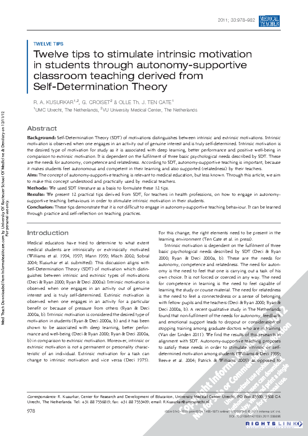 Intrinsic Motivation in the Classroom - 2011; 33:978– TWELVE TIPS ...