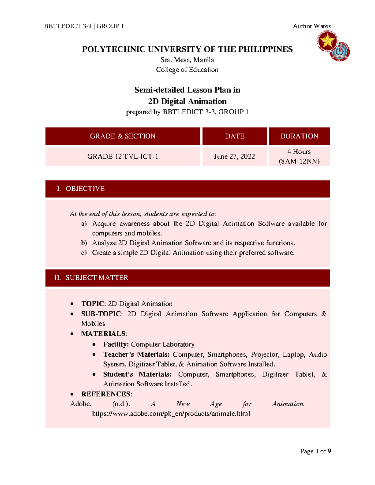 Bbtledict 3-3 Group 1 [ Updated] SEMI- Detailed Lesson PLAN - POLYTECHNIC UNIVERSITY OF THE ...