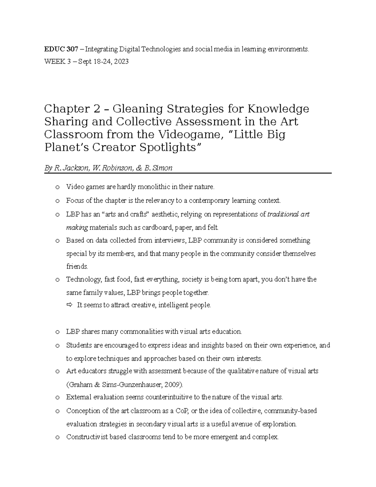 Lesson 3 - EDUC 307 - notes from readings + material - EDUC 307 ...