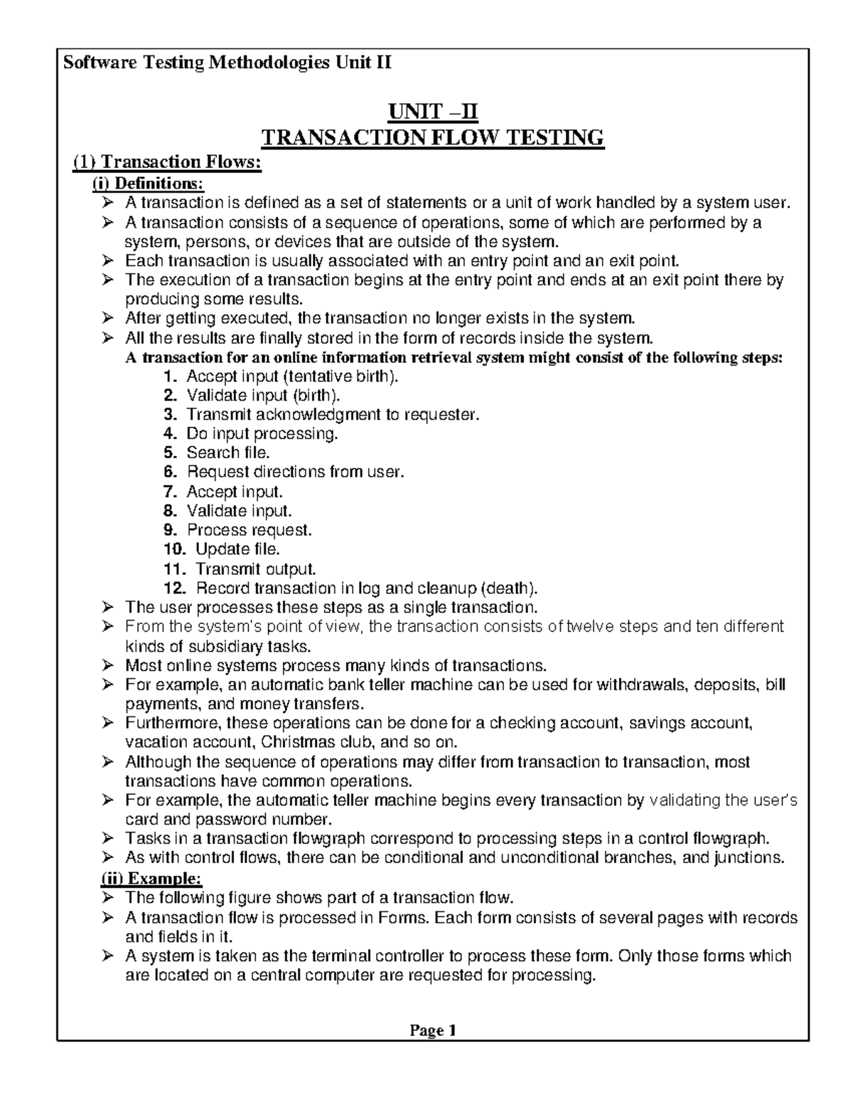 STM UNIT-2 - UNIT – II TRANSACTION FLOW TESTING (1) Transaction Flows ...