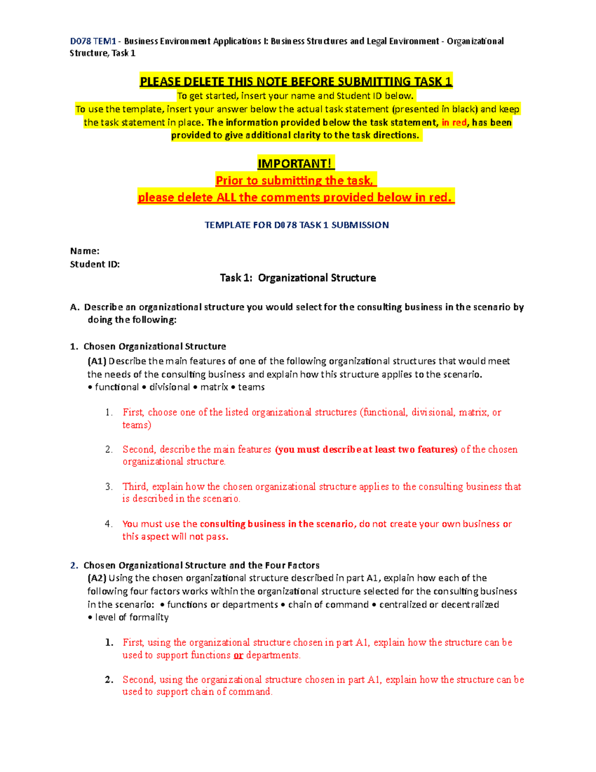 D078 Task 1 Template - Guide - D078 TEM1 - Business Environment ...