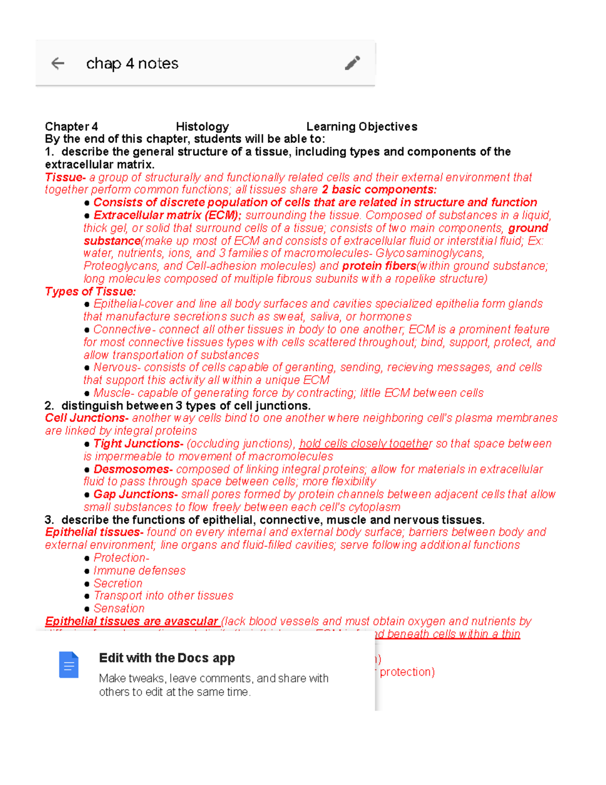 Chap 4 notes - Chapter 4 Histology Learning Objectives By the end of ...