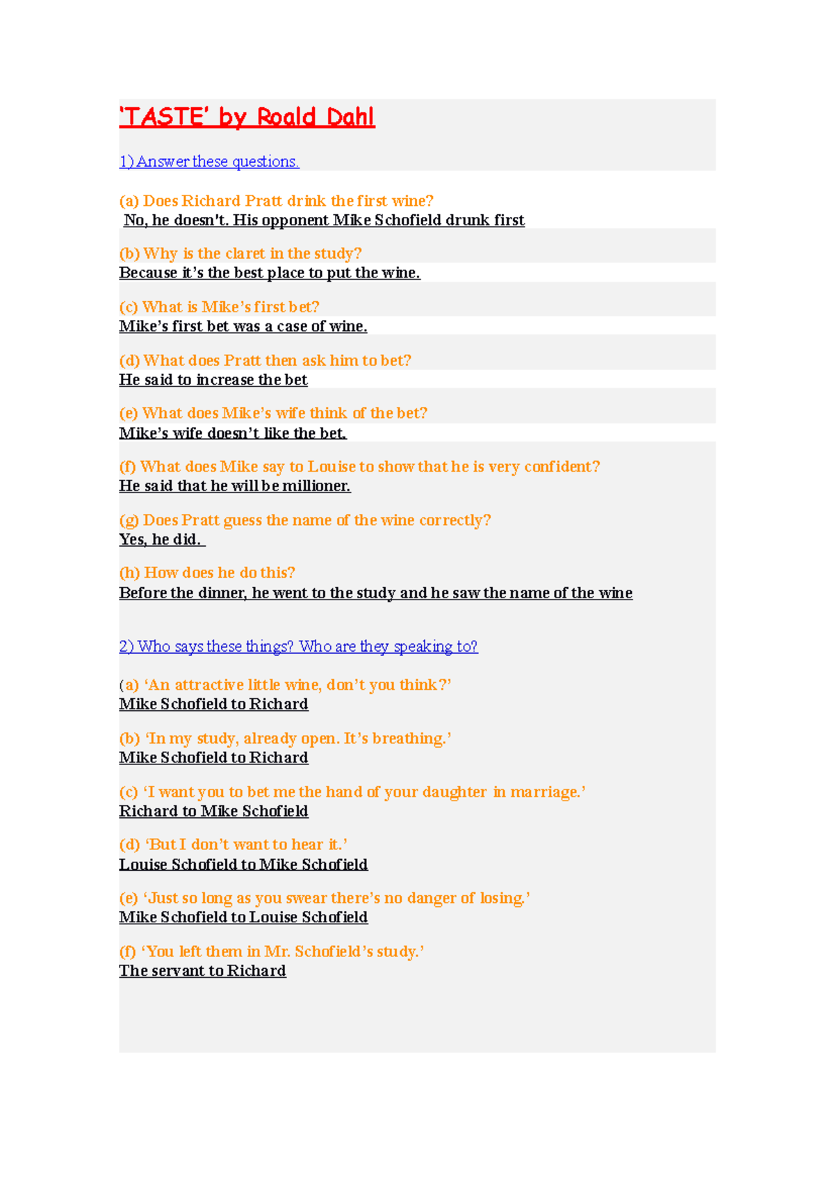 Taste - SHORT STORY - ‘TASTE’ by Roald Dahl Answer these questions. (a ...