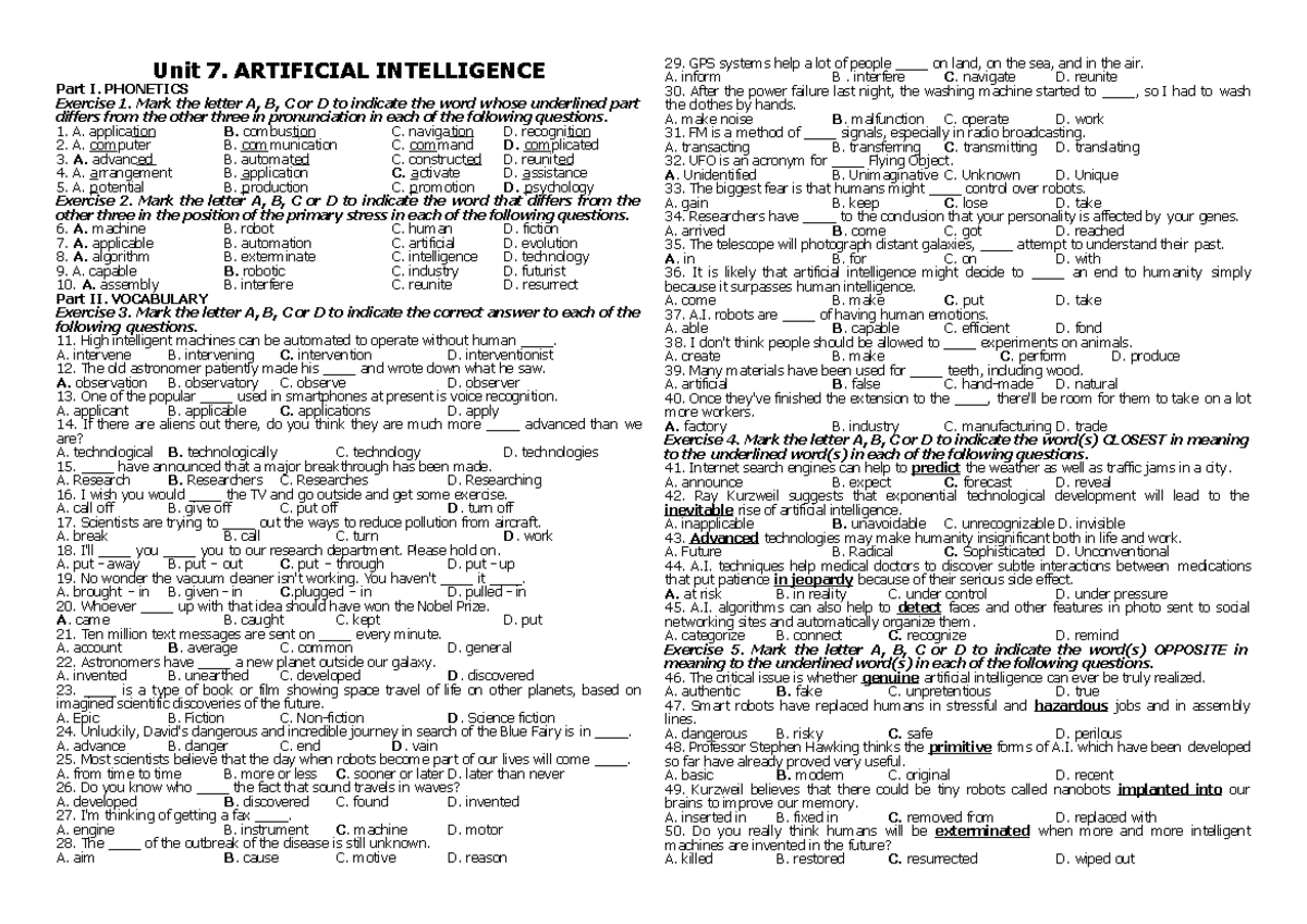 UNIT 7 (KEY) - practice exercise - Unit 7. ARTIFICIAL INTELLIGENCE Part I. PHONETICS Exercise 1 ...