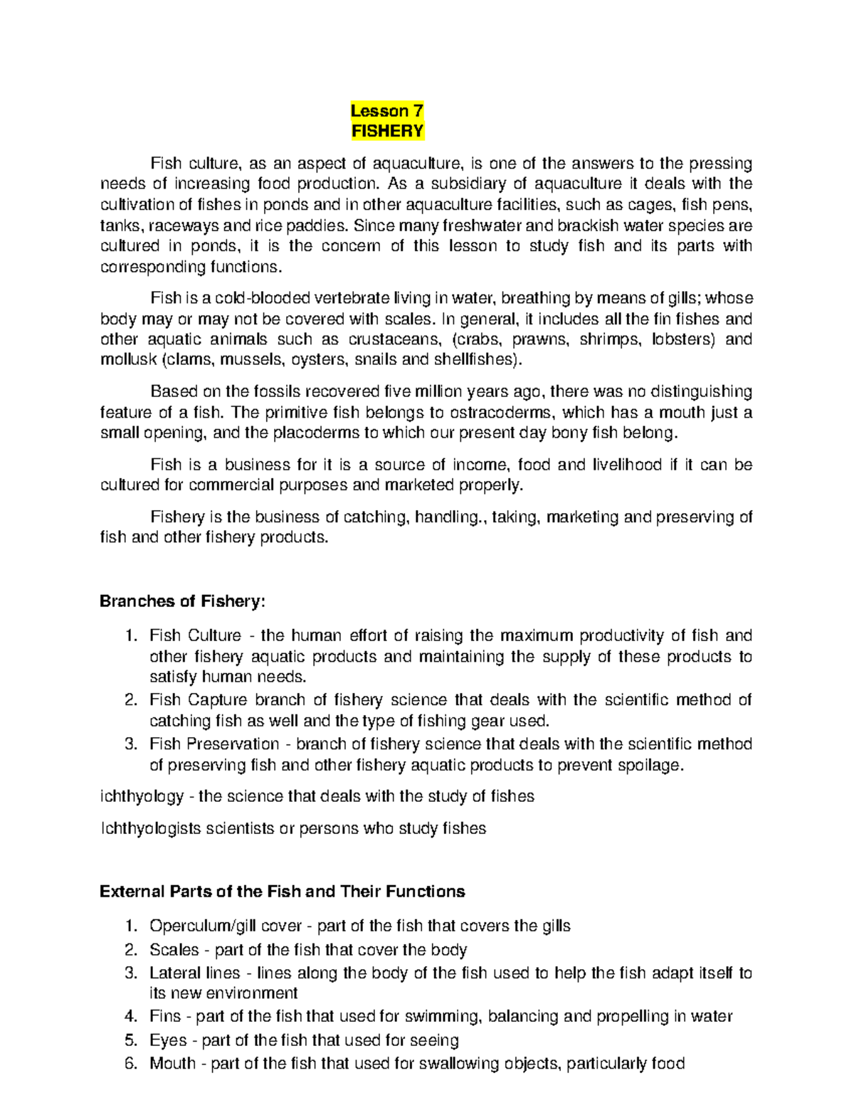 Lesson 7-13 - tle 2 - Lesson 7 FISHERY Fish culture, as an aspect of ...